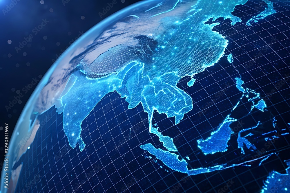 Stunning blue digital globe asia network map technology illustration 3d ...