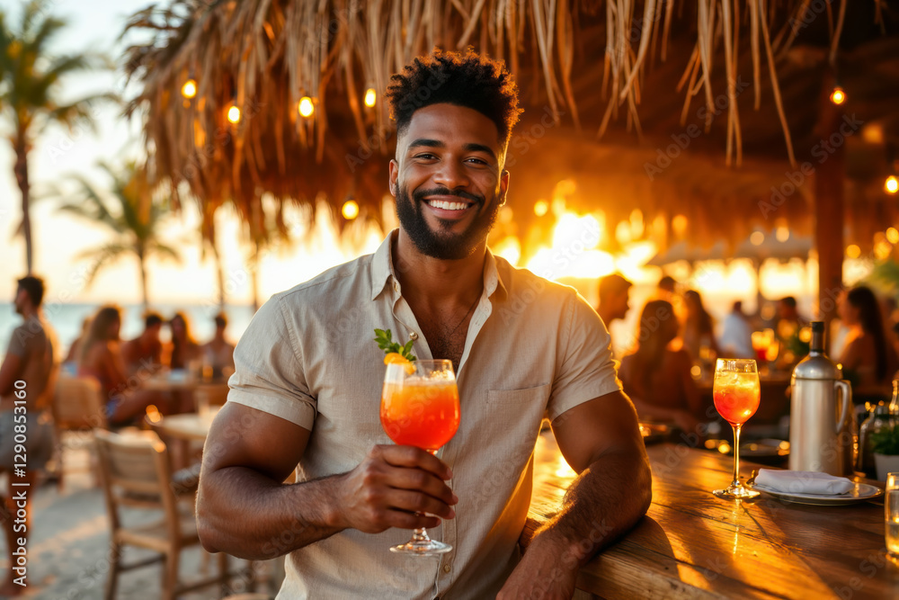 Charismatic African American man enjoying an Aperol Spritz at a vibrant ...