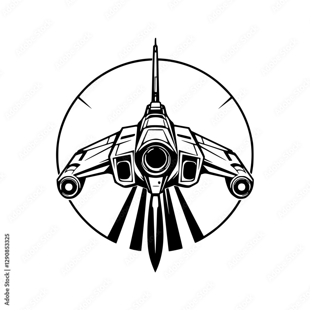 Vectorized illustration of a futuristic fighter jet over a circle with ...