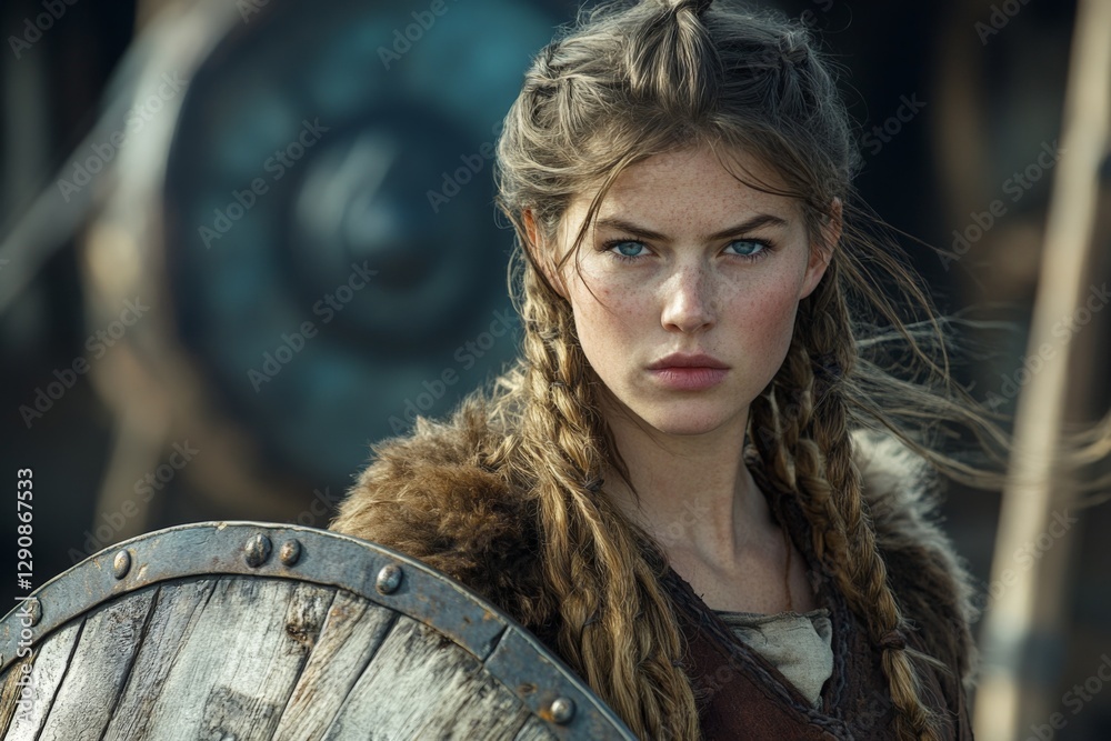 Female warrior prepares for battle with shield and fierce expression in ...