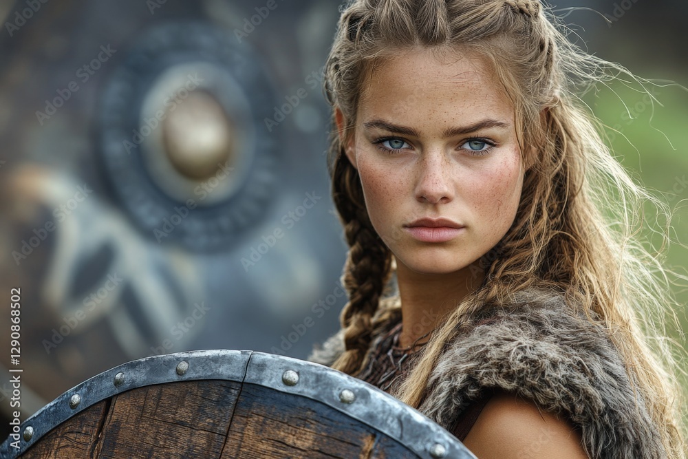 Brave warrior woman poses confidently with shield in a historic outdoor ...