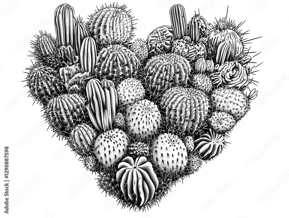 cacti arranged in a heart shape, featuring intricate textures, spines ...