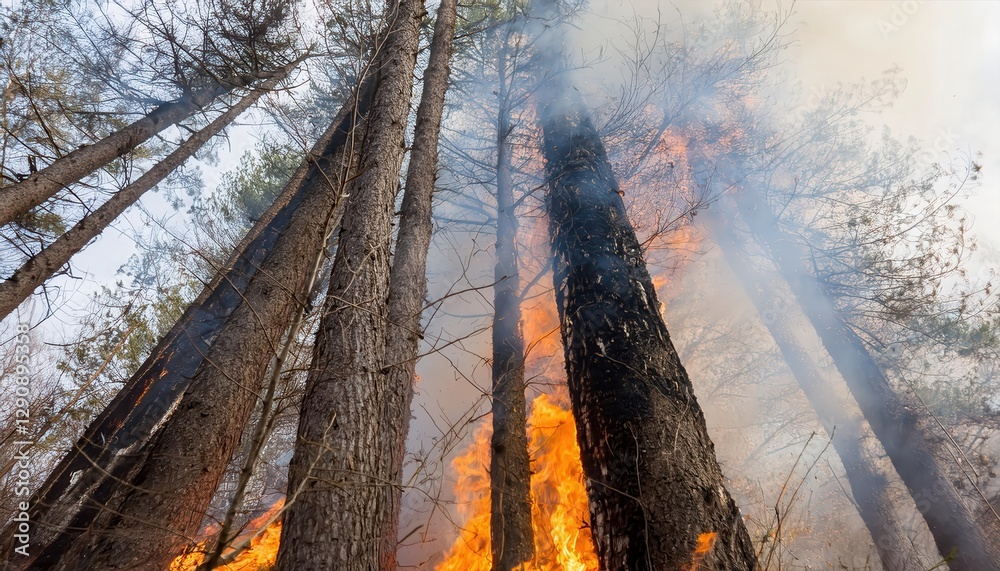Bright orange and red flames consume trees in a forest fire during late afternoon Stock Photo ...