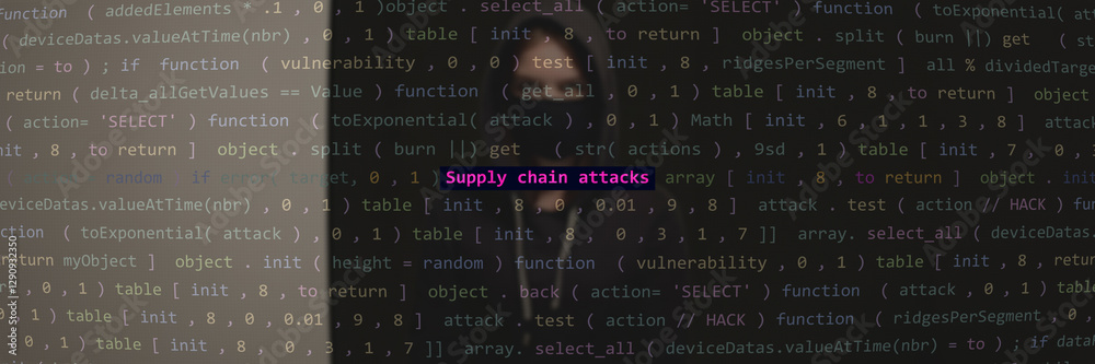 Cyber attack supply chain attacks text in foreground screen, hacker hidden in the blurred ...