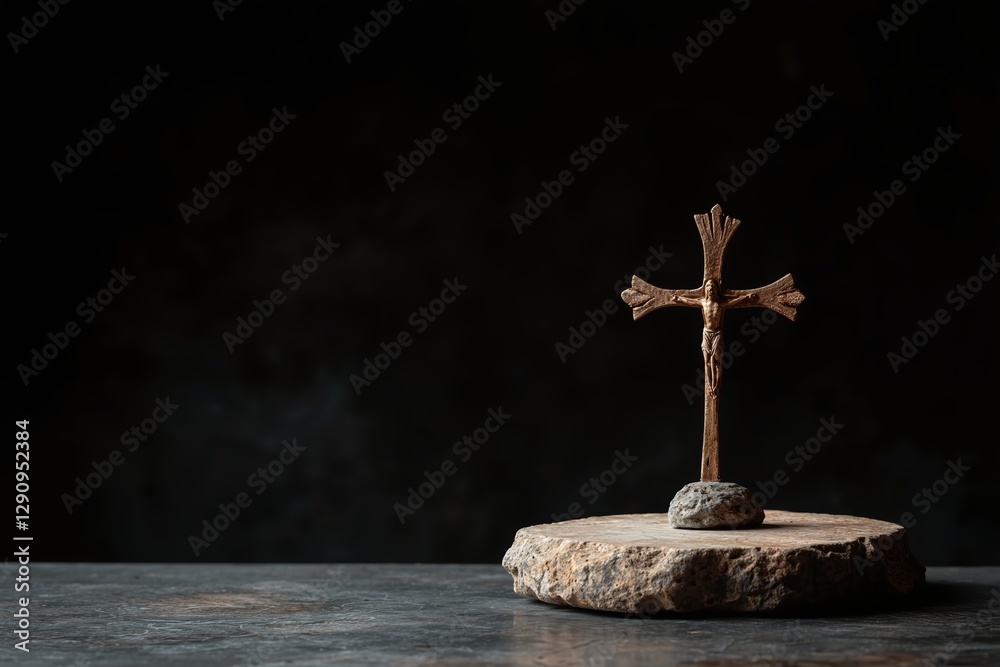 Wooden crucifix of Jesus Christ on rustic base. Religious symbol of ...