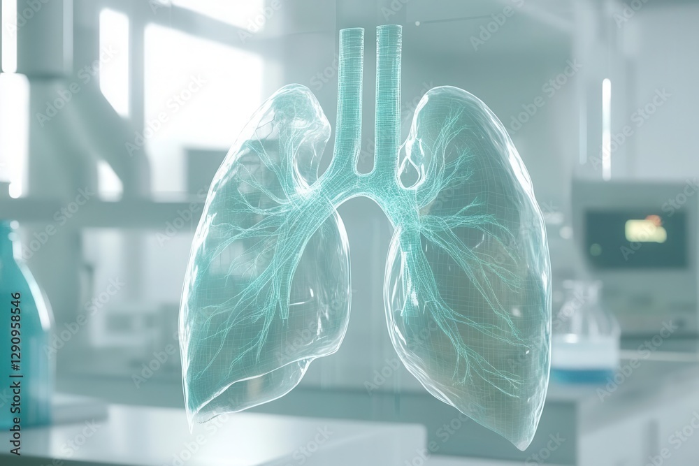 holographic lungs shimmer in soft aqua tones suspended above a sterile ...