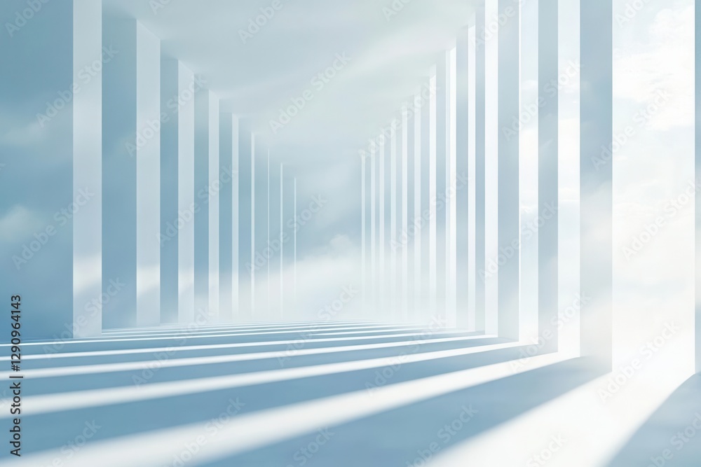 minimalist white banner with slanted columns piercing a soft blue haze ...