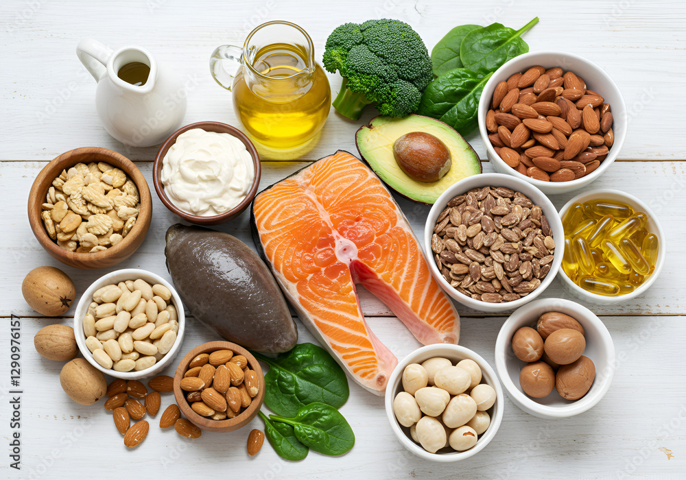 Variety food rich in Omega-3, ALA, EPA, DHA healthy fatty acids sources ...