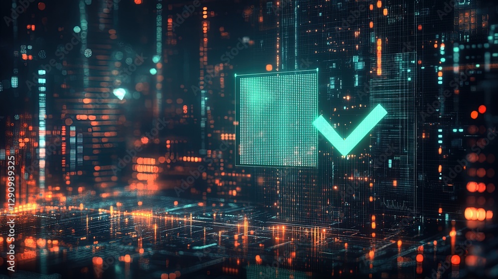 Abstract green checkmark icon in front of digital charts, representing ...