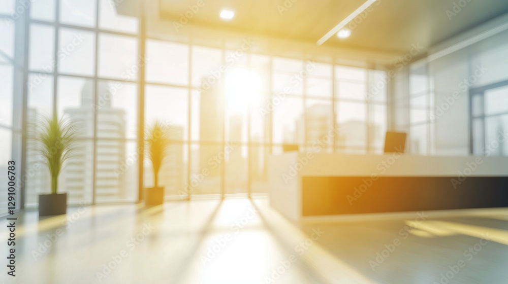 Blurry office interior with sunlight coming through large windows ...