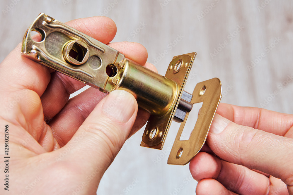 Latch assembly, held in human hands, showcases its spring-loaded bolt ...