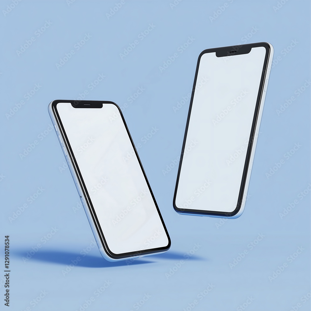 Two floating modern smartphones with blank white screens on a pastel blue background, digital ...