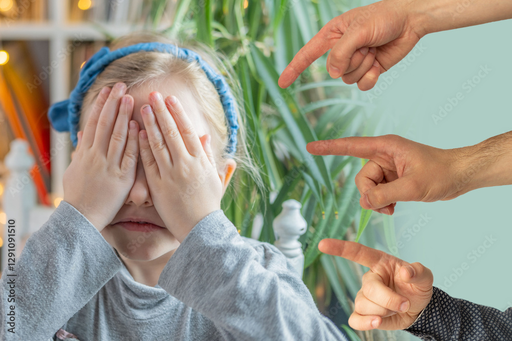 punished little child 5 years old in tears, girl cries, covering face ...
