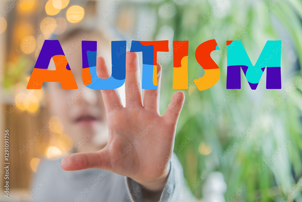 Young Child, girl raising hand in "stop" gesture, autism awareness day ...