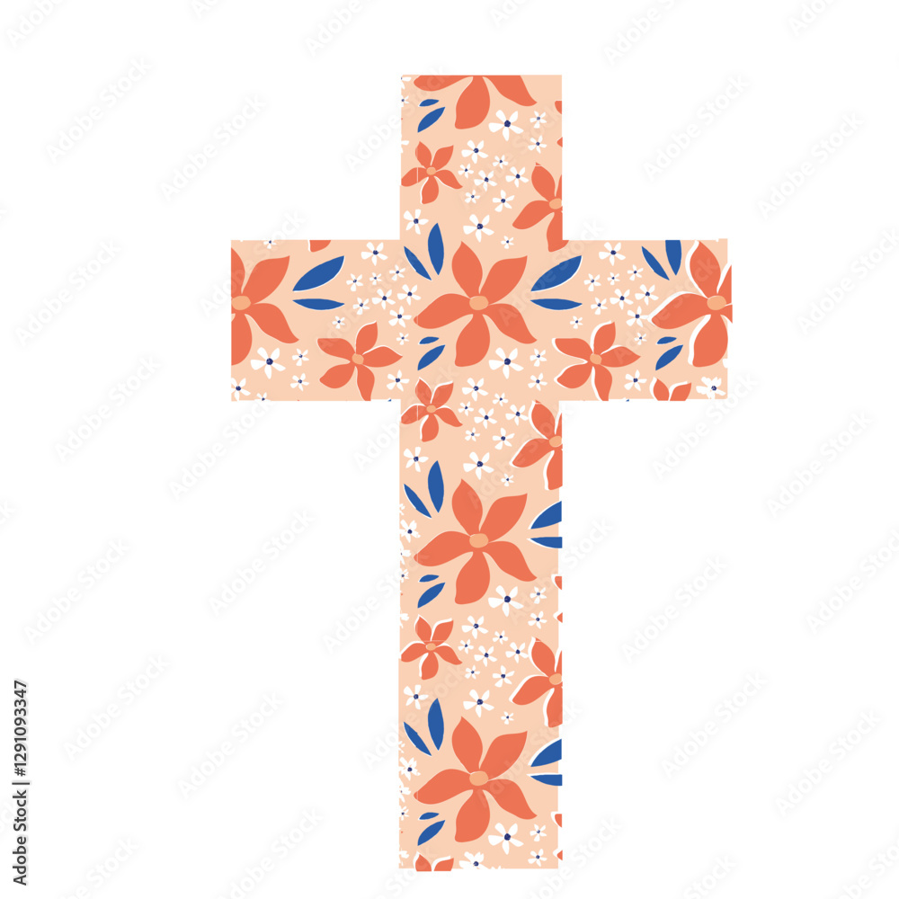 easter cross wit floral pattern. Baptism cross illustration with spring ...