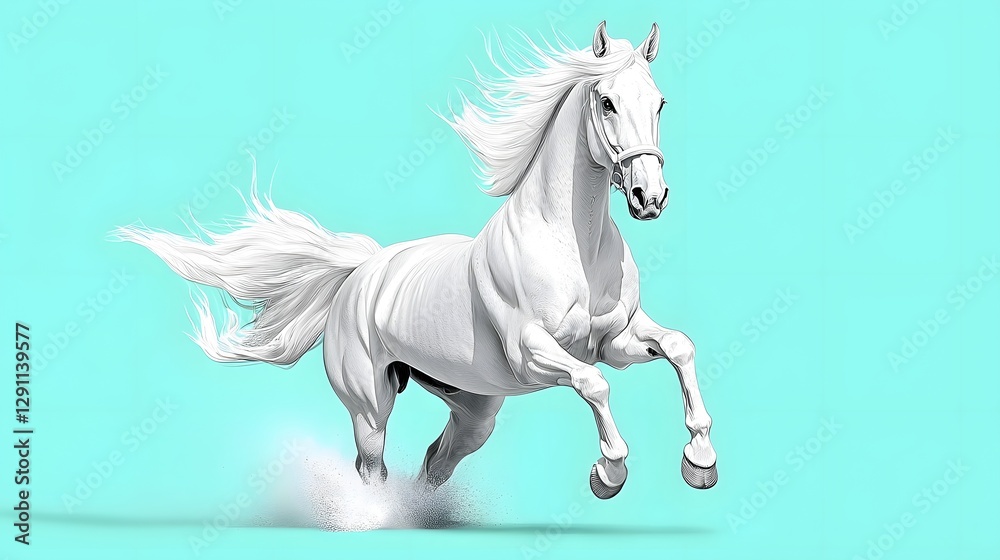 A regal horse depicted in a fine cross hatched ink drawing that ...