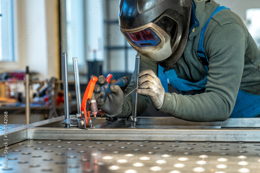 Welder joining metal parts using tungsten inert gas welding process ...