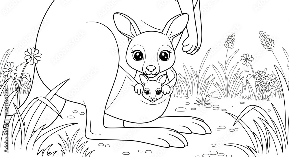 Black and white coloring book illustration, a cute baby kangaroo ...