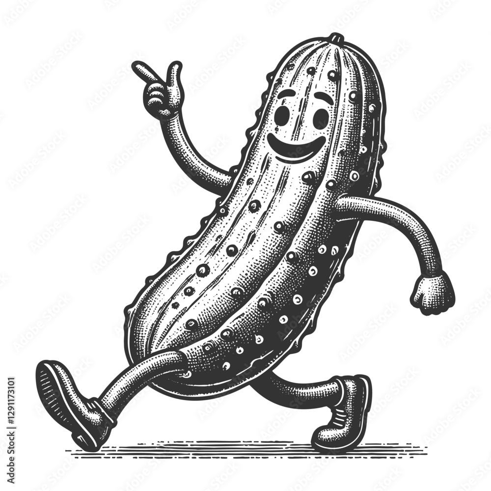 cheerful pickle cartoon character walking with a smile, wearing shoes ...