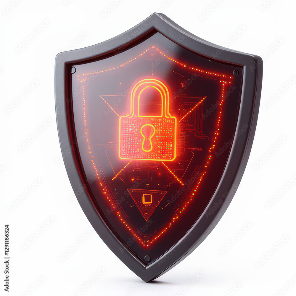 glowing red digital lock symbol is displayed futuristic shield, representing cybersecurity and ...