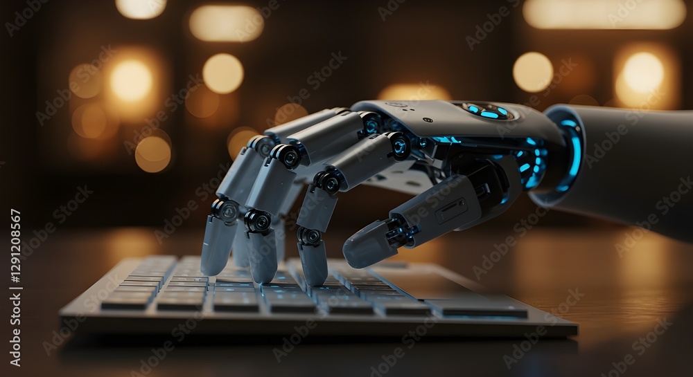 Mano robot escribiendo en la computadora. El concepto de inteligencia ...