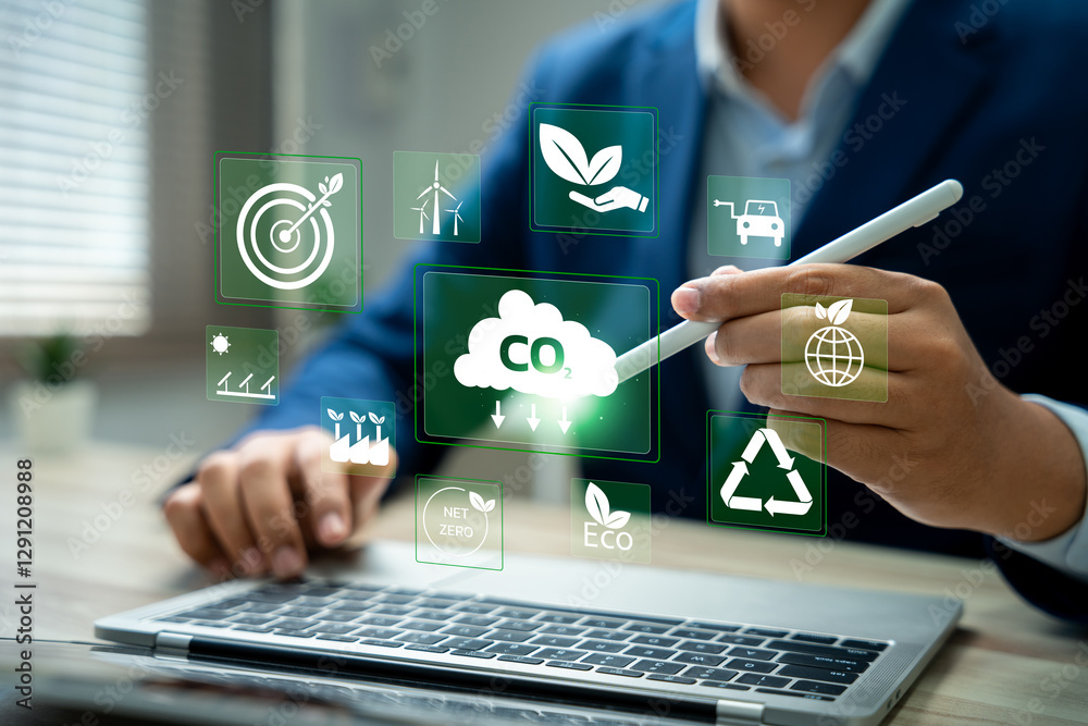 CO2 reduction, CO2 emissions impact, Businessman analyzing carbon footprint and sustainable ...