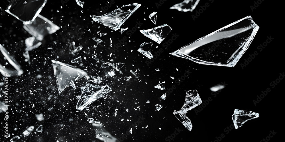 Broken glass close-up, shooting, broken glass in the air, explosion ...