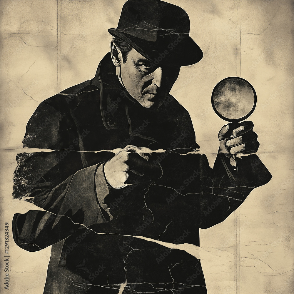 Ilustrace Retro movie poster for a 1940s detective film, featuring a ...