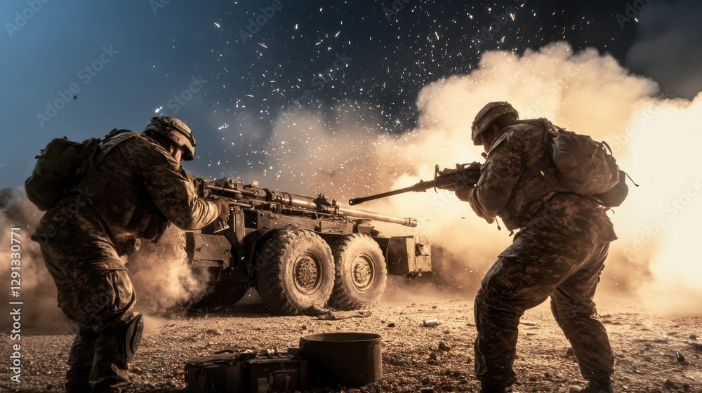 Artillerymen firing howitzer and machine gun during military operation ...