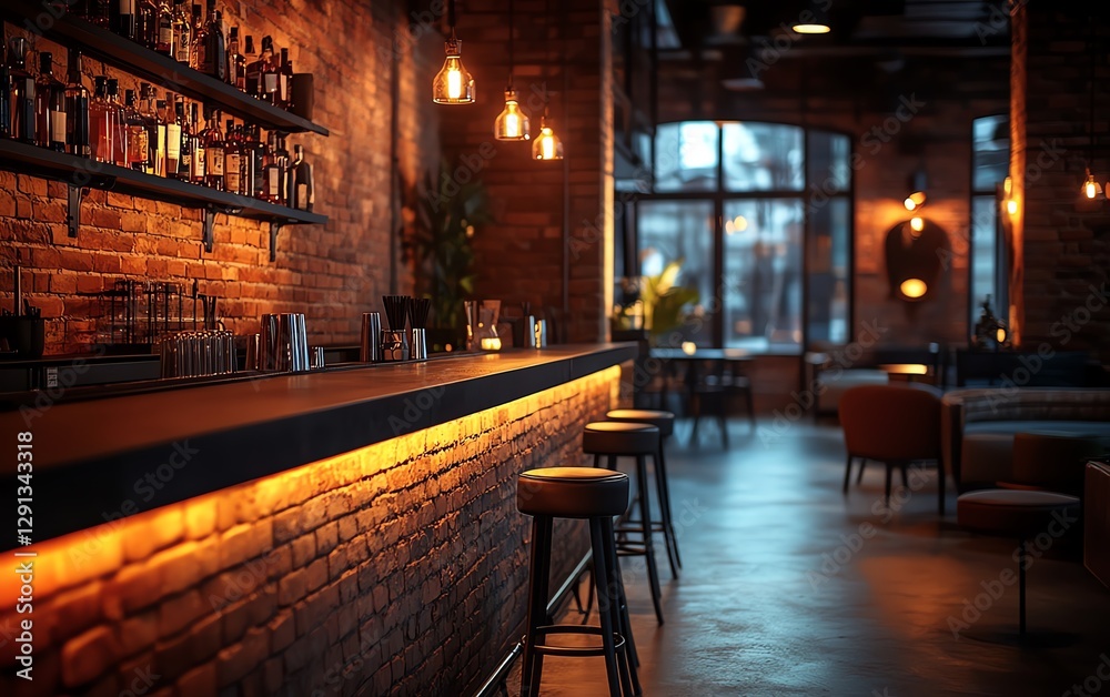 Highend modern bar with a dimly lit atmosphere, rustic brick wall, soft ...