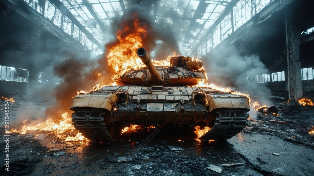 An impactful image displays a tank on fire in a devastated industrial ...