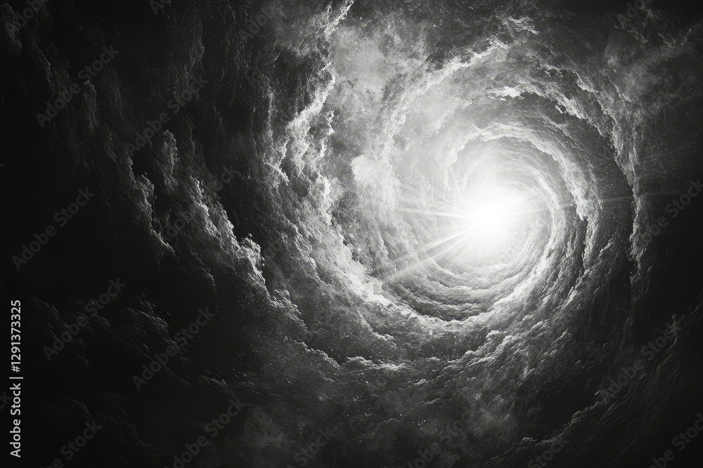 Black and white spirals with a single beam of bright light piercing ...