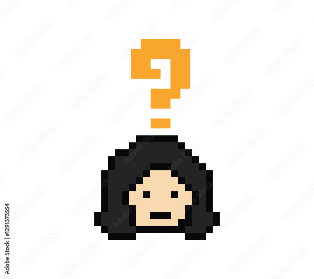 Cute pixel cartoon character woman with question mark decoration 8 bit ...