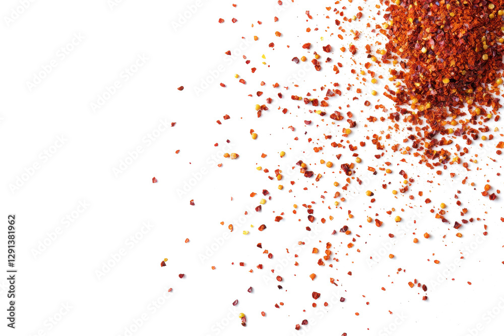 Top view of spicy red chili pepper flakes scattered on transparent or ...