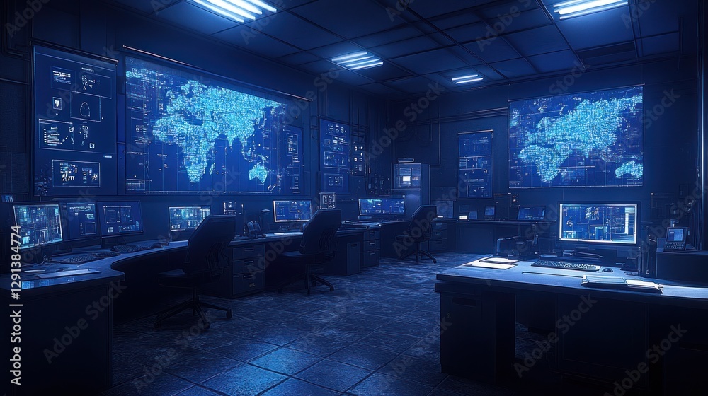 Futuristic command center with global network map displays and multiple ...