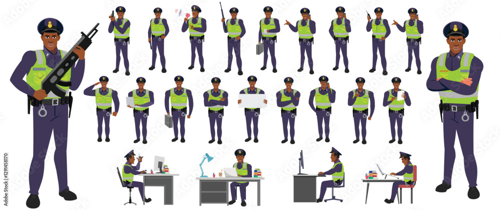 Vector de Stock Police Officer Character Design Model Sheet. Man ...