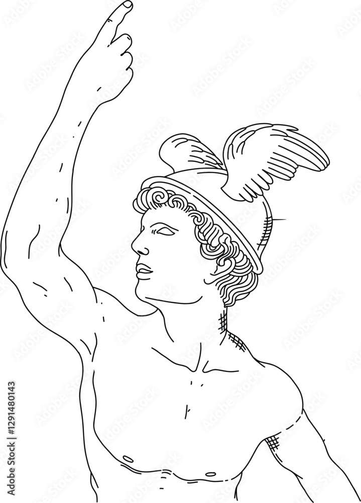 A black-and-white line drawing of Hermes, the Greek god of commerce ...