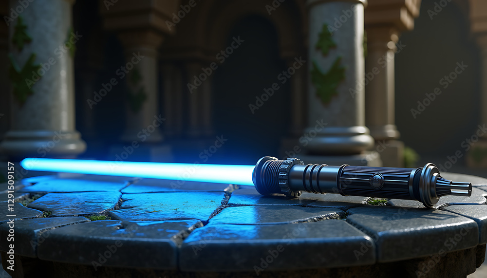 Lightsaber resting on a stone table in an ancient Jedi temple with ...