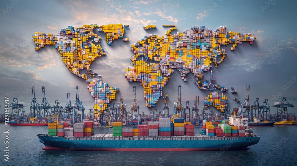 Global trade concept world map of shipping containers at port Stock ...