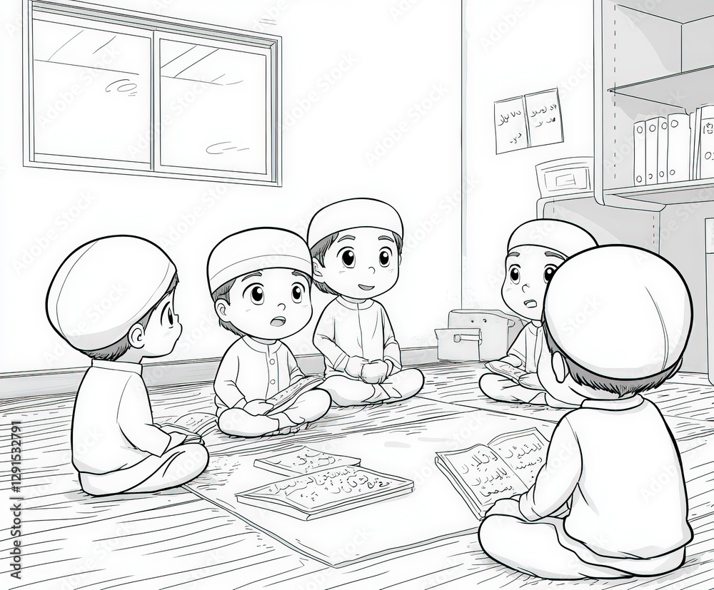 A scene depicting the importance of prayer in Islam, coloring page for ...