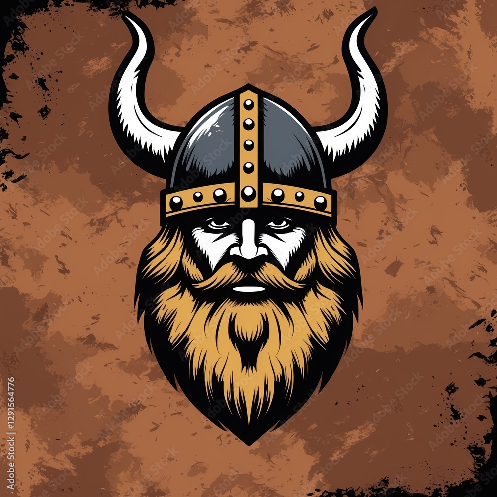 Viking warrior face with horned helmet and golden beard on textured ...