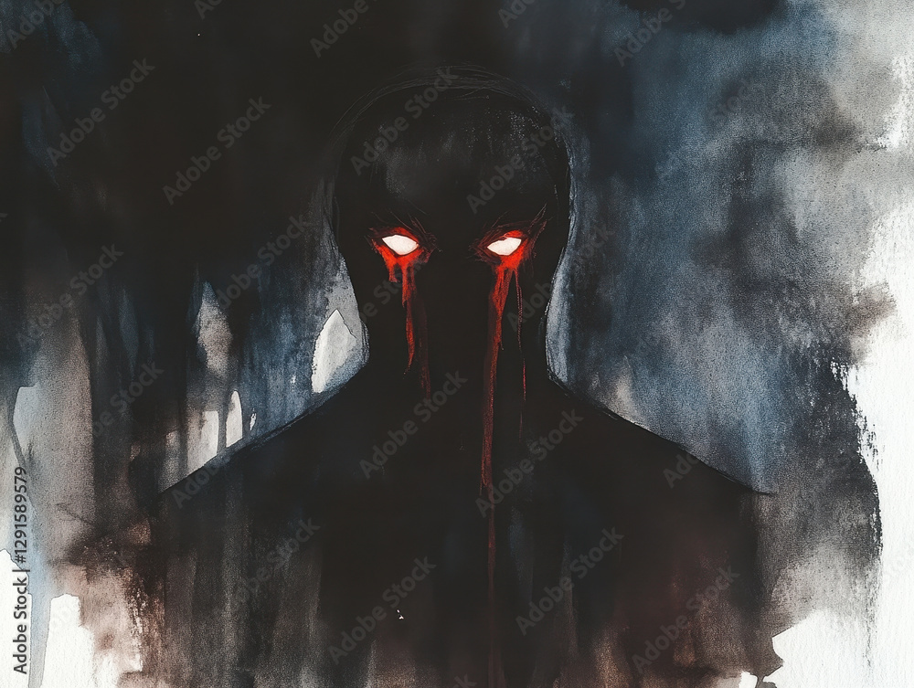 shadowy figure with glowing red eyes emerges from dark background ...