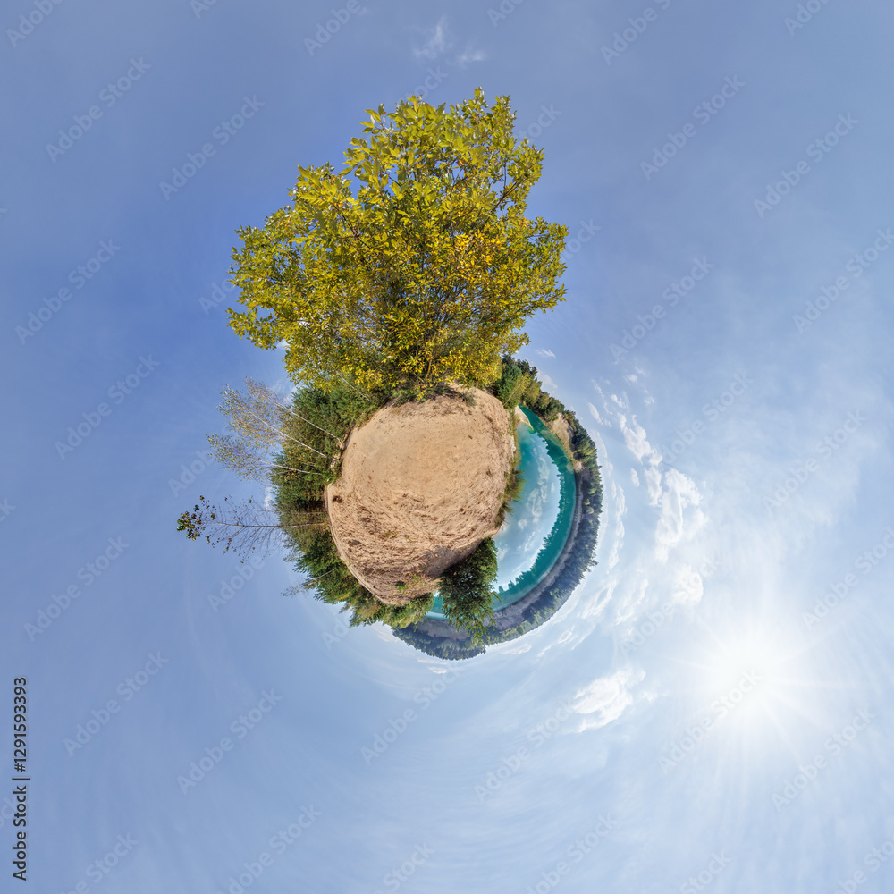 simple little tiny planet without buildings in blue sky with sun and ...