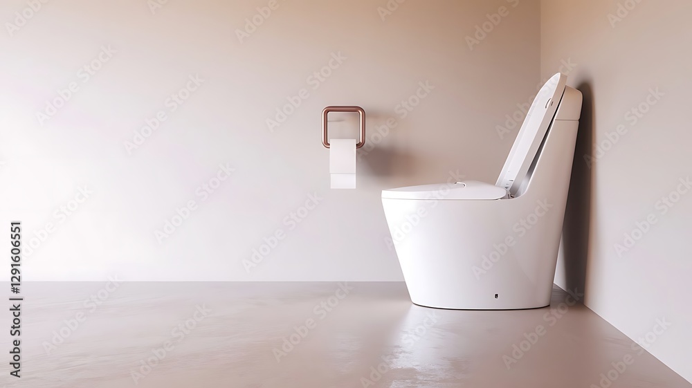 Empty modern toilet in light grey bathroom. Clean white ceramic toilet ...