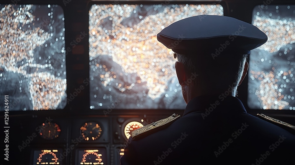 Strategic Command Pilot Viewing Global Network Map from Cockpit Stock ...