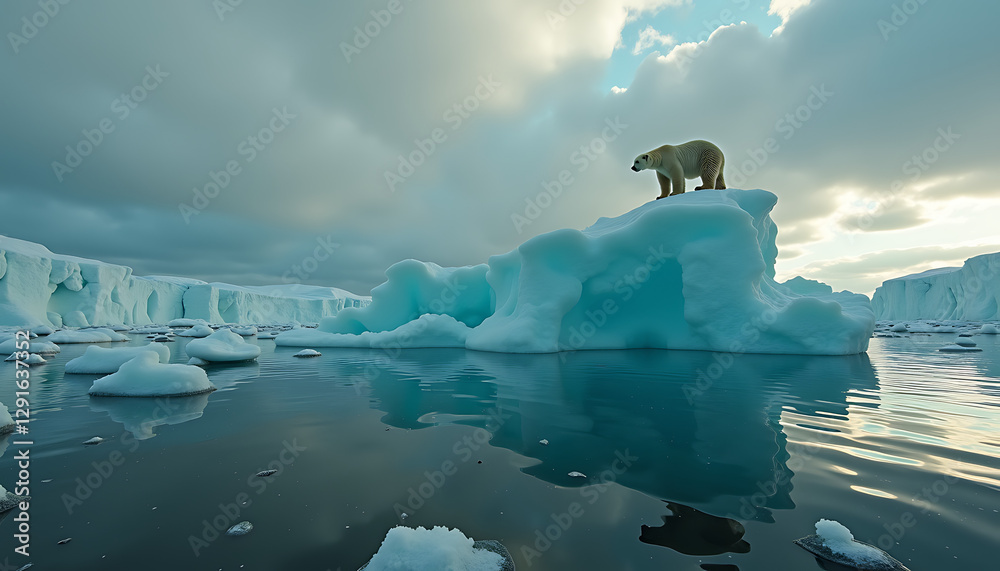 Melting iceberg with polar bear on floating ice for International ...