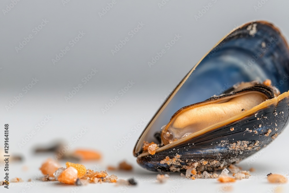 A close-up of mussel shell, partially opened to reveal colorful ...