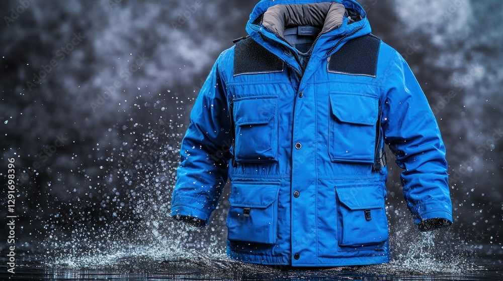 Waterproof blue jacket, water splashing, dark background, outdoor ...