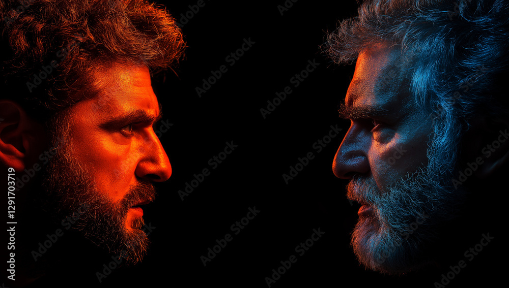 Intense close up of two men facing each other, showcasing contrasting ...