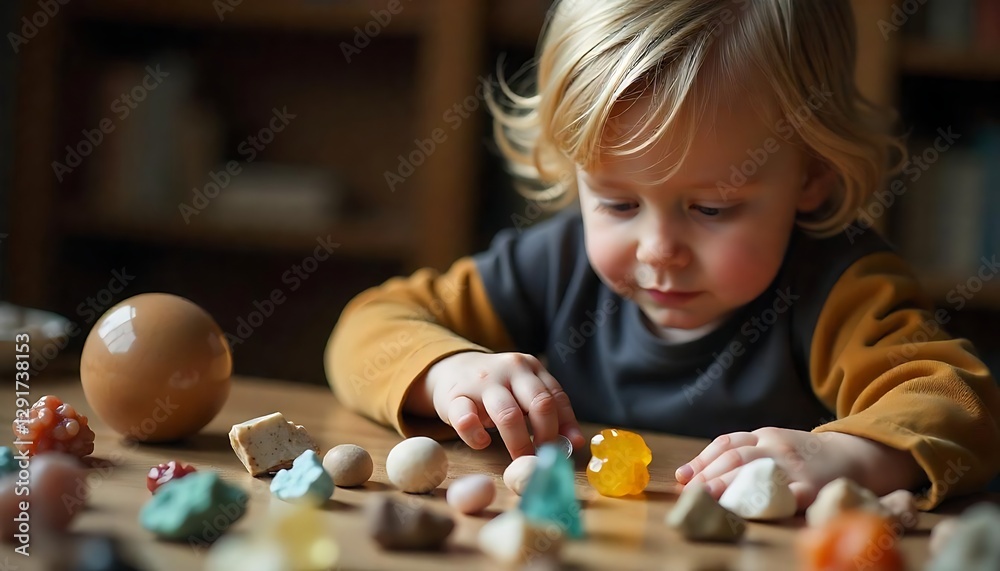 The child looks at his collection of minerals. The little geologist ...